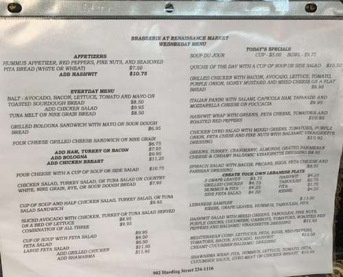 Renaissance Market & Brasserie menu in Lafayette, Louisiana, USA