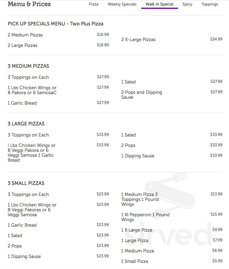 Two Plus Pizza menus in Guelph, Ontario, Canada