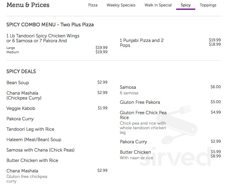 Two Plus Pizza menus in Guelph, Ontario, Canada