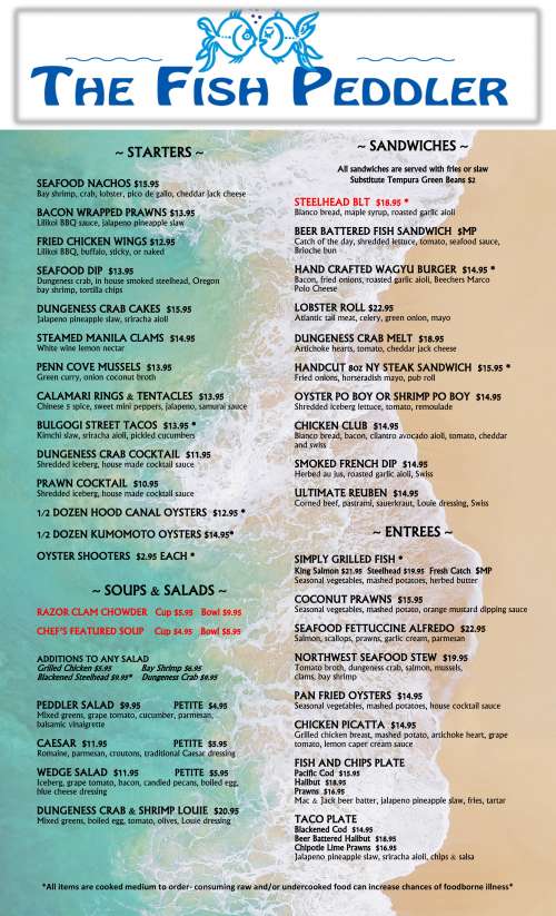 The Fish Peddler Restaurant menu in Tacoma, Washington, USA