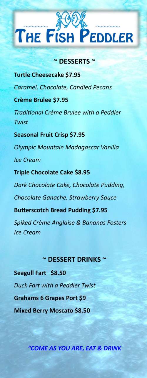 The Fish Peddler Restaurant menu in Tacoma, Washington, USA