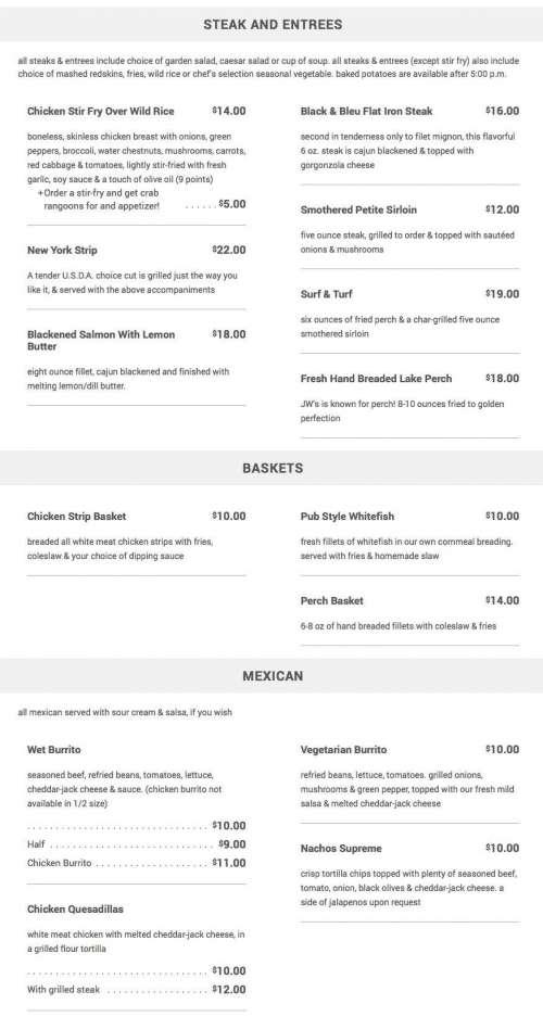 JW's Food & Spirits menu in Grand Haven, Michigan, USA