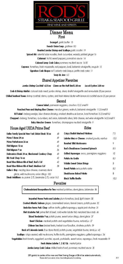 Rod's Steak & Seafood Grille menu in Morristown, New Jersey, USA