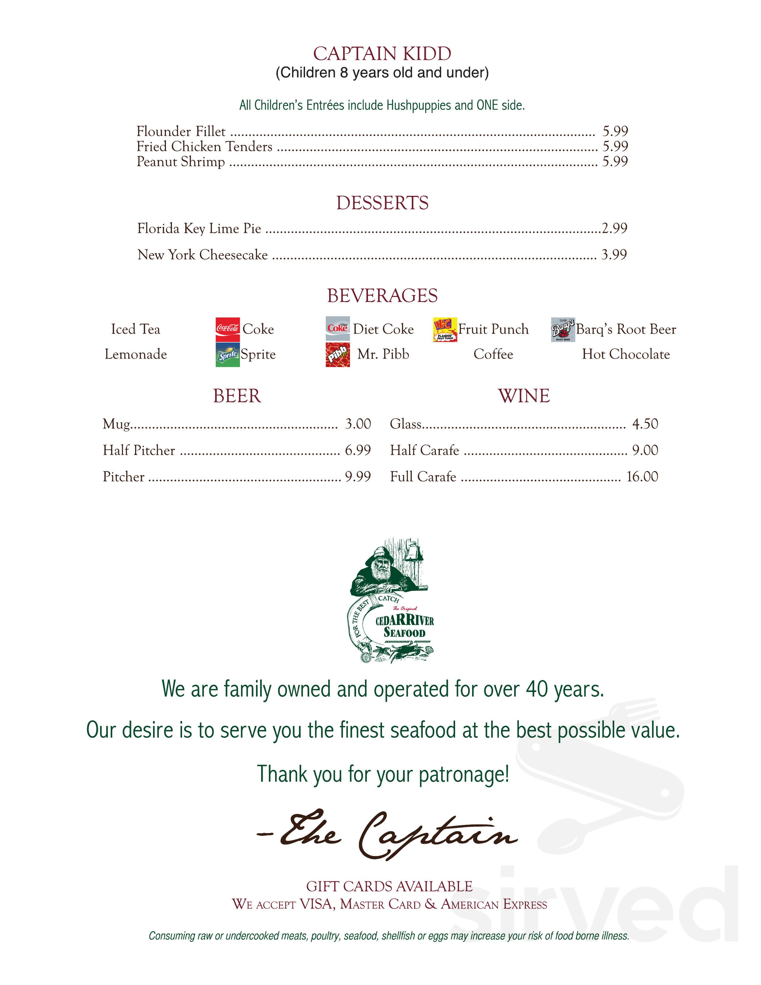 Cedar River Seafood menu in Lake City, Florida, USA