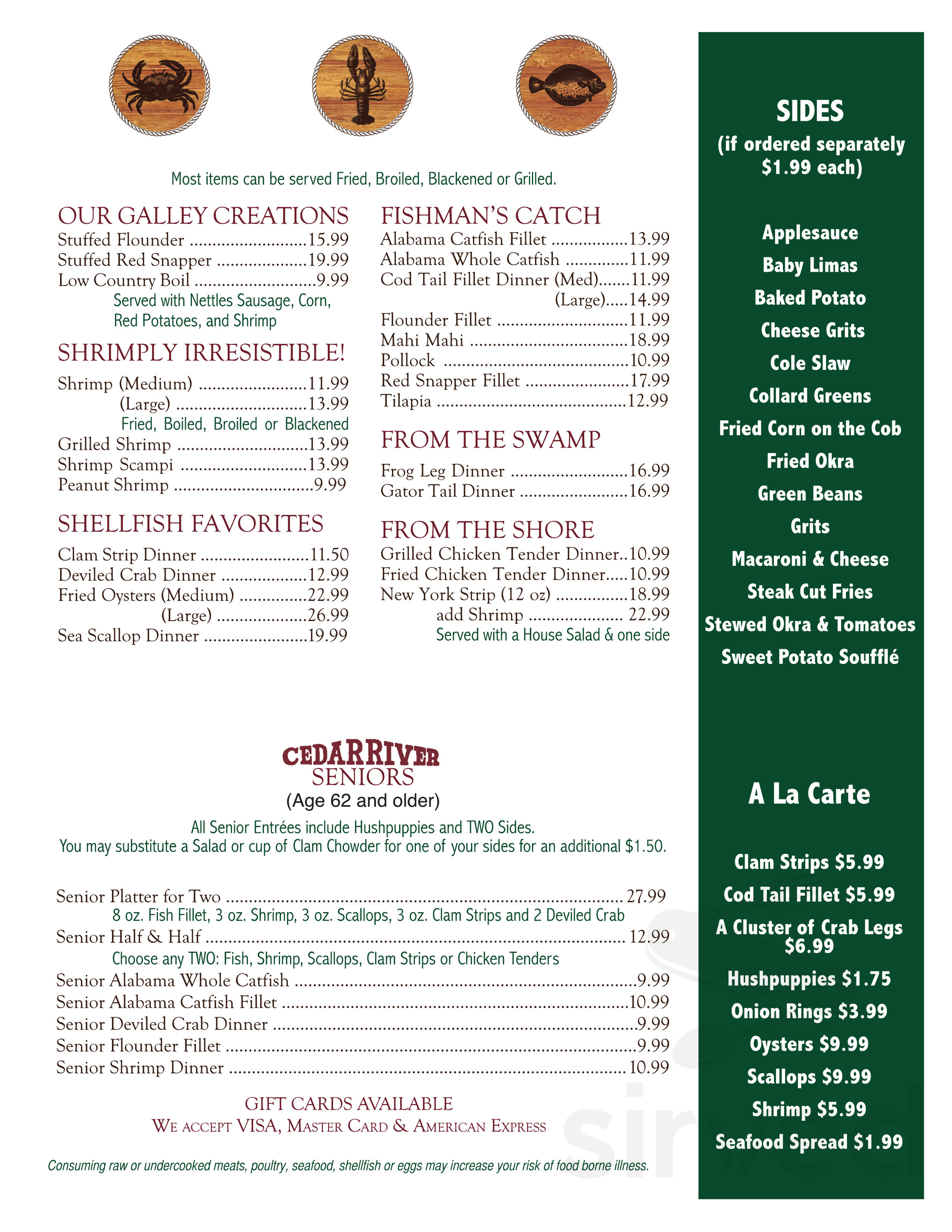 Cedar River Seafood menu in Lake City, Florida, USA