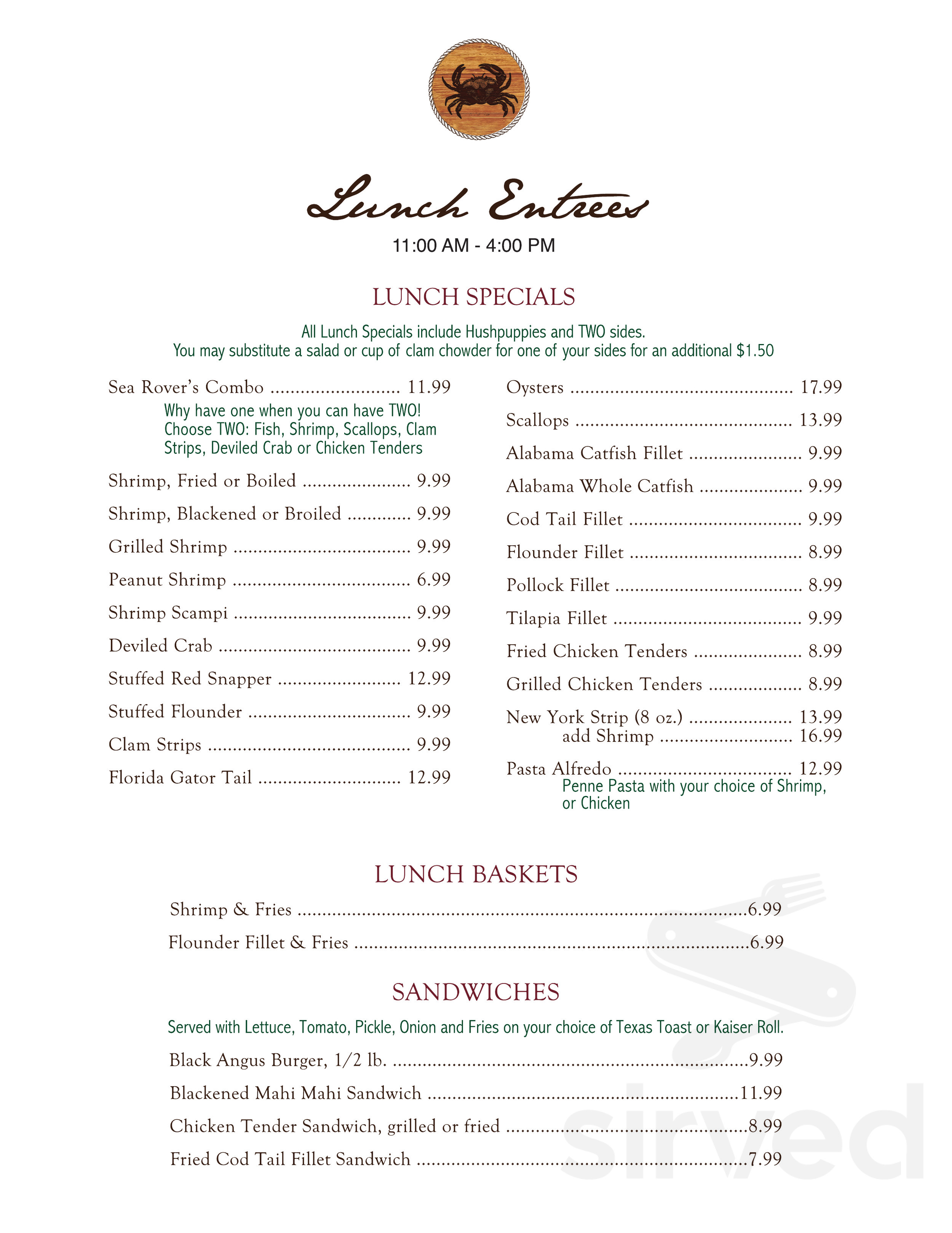 Cedar River Seafood menu in Lake City, Florida, USA