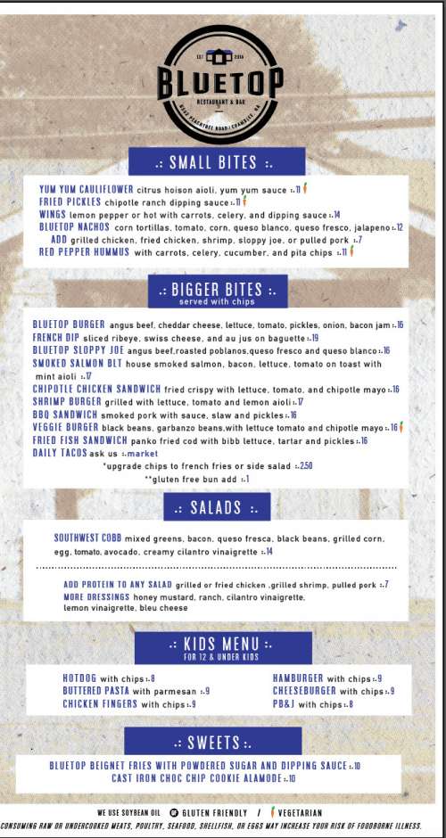 BLUETOP Restaurant menu in Chamblee, Georgia, USA