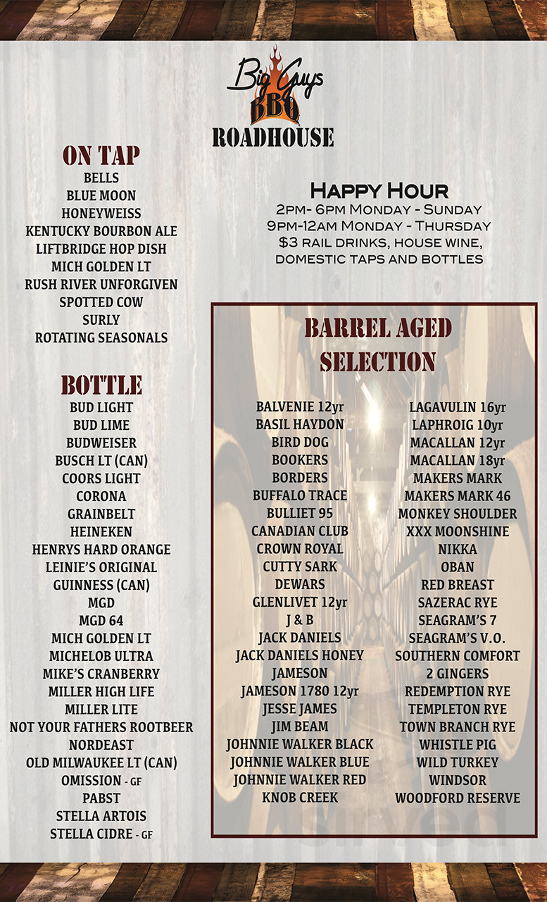 Big Guy's BBQ Roadhouse menu in Hudson, Wisconsin, USA