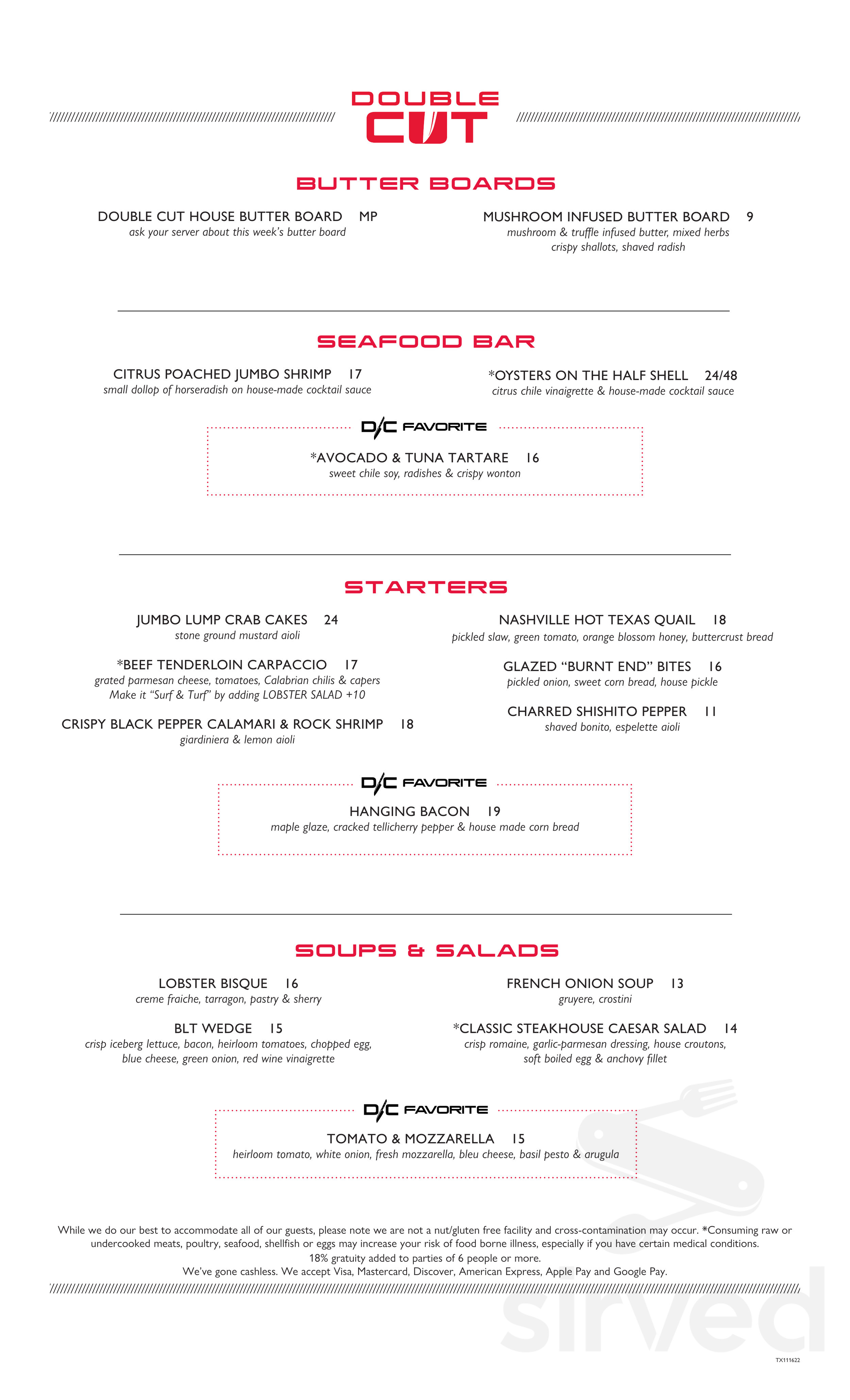 Double Cut Steakhouse menu in Round Rock, Texas, USA