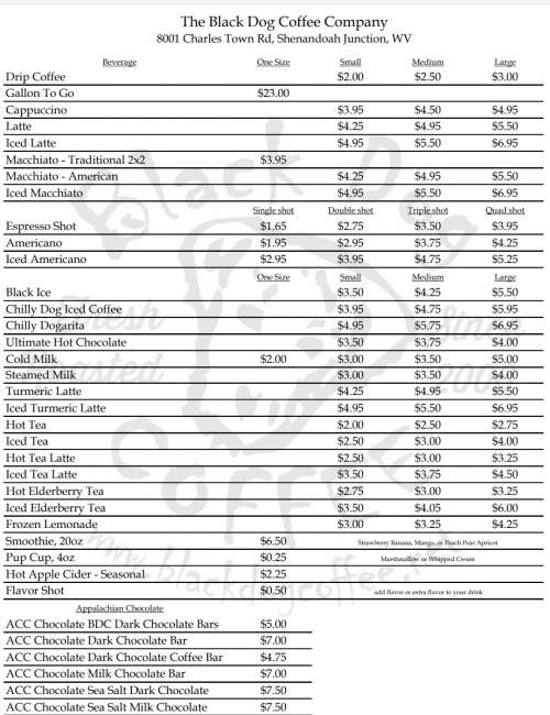 The Black Dog Coffee Company menu in Shenandoah Junction, West Virginia ...