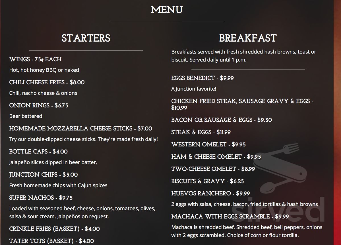 Junction Sports Bar & Grill menu in Centralia, Washington, USA