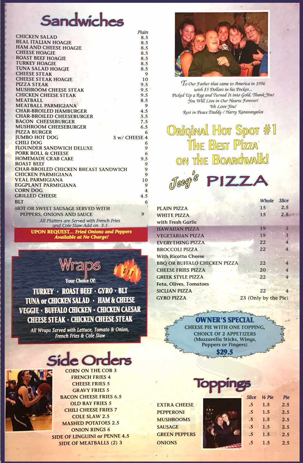 Original Hot Spot menu in Wildwood, New Jersey, USA