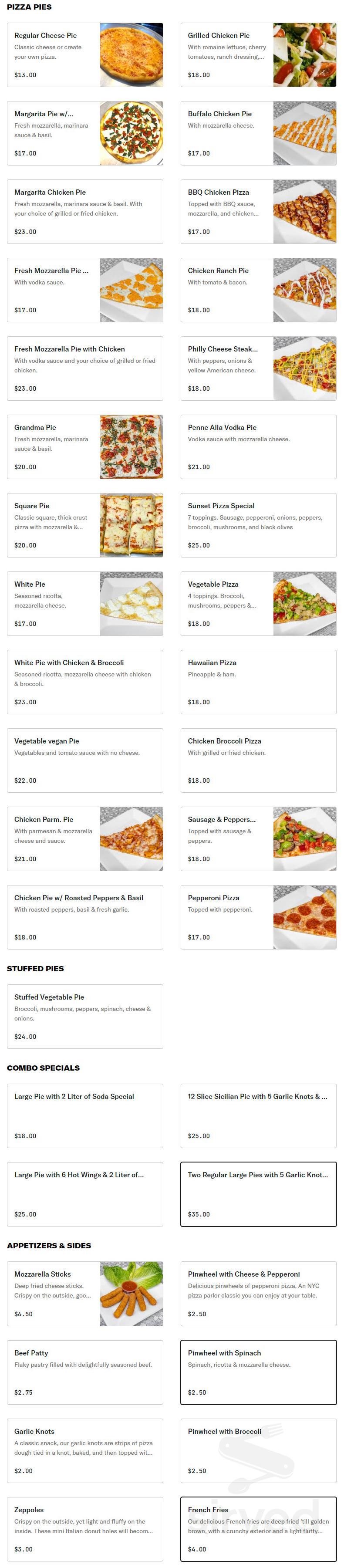 Sunset Pizza menu in Brooklyn, New York, USA