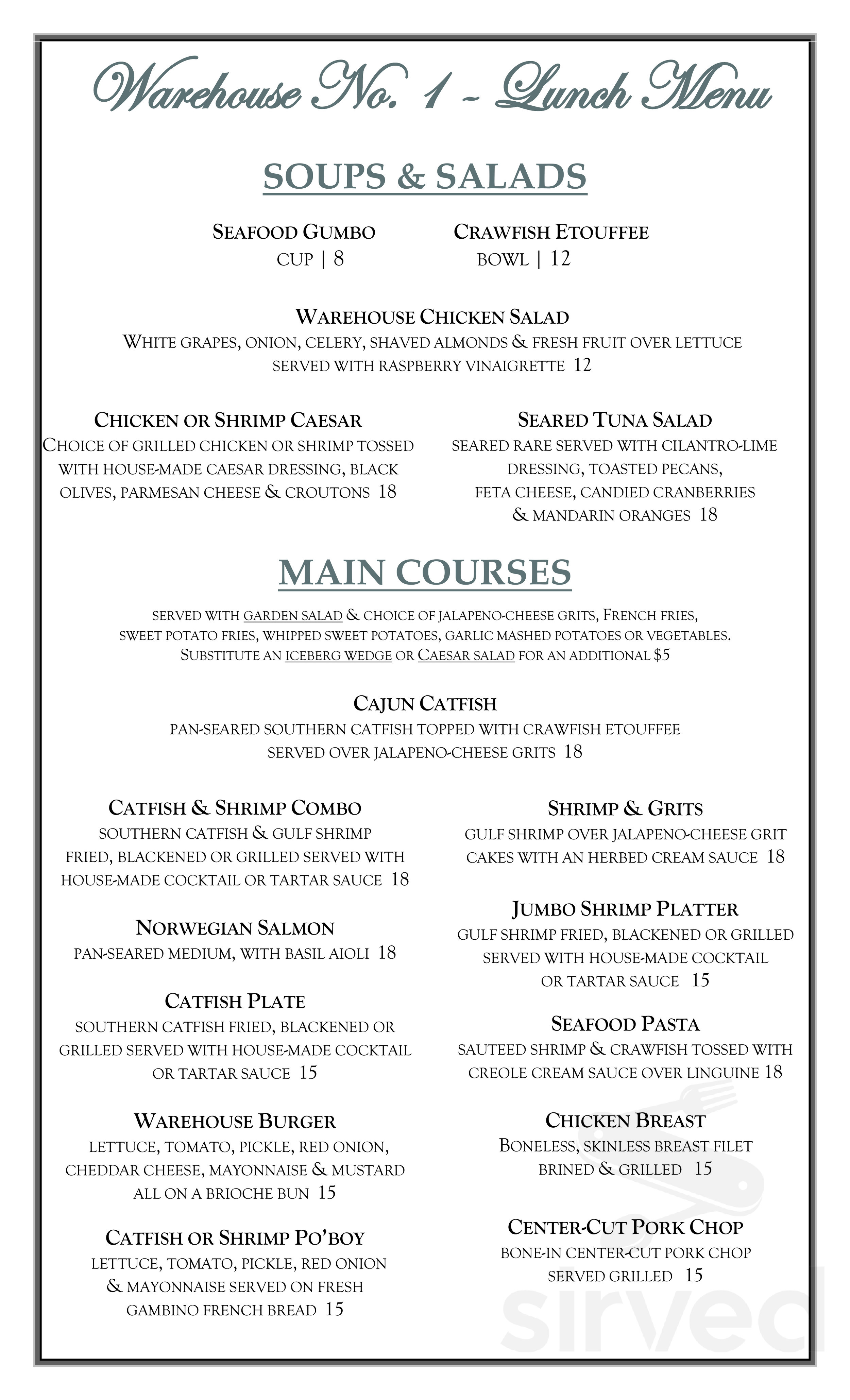 Warehouse No 1 Restaurant menu in Monroe, Louisiana, USA