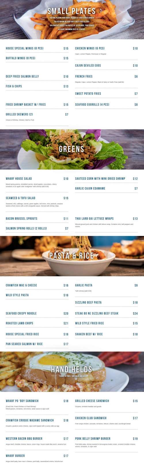 The Wharf menu in Laguna Beach, California, USA