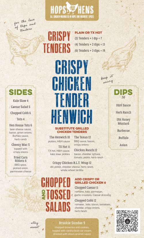 Hops & Hens menu in Dallas, Texas, USA