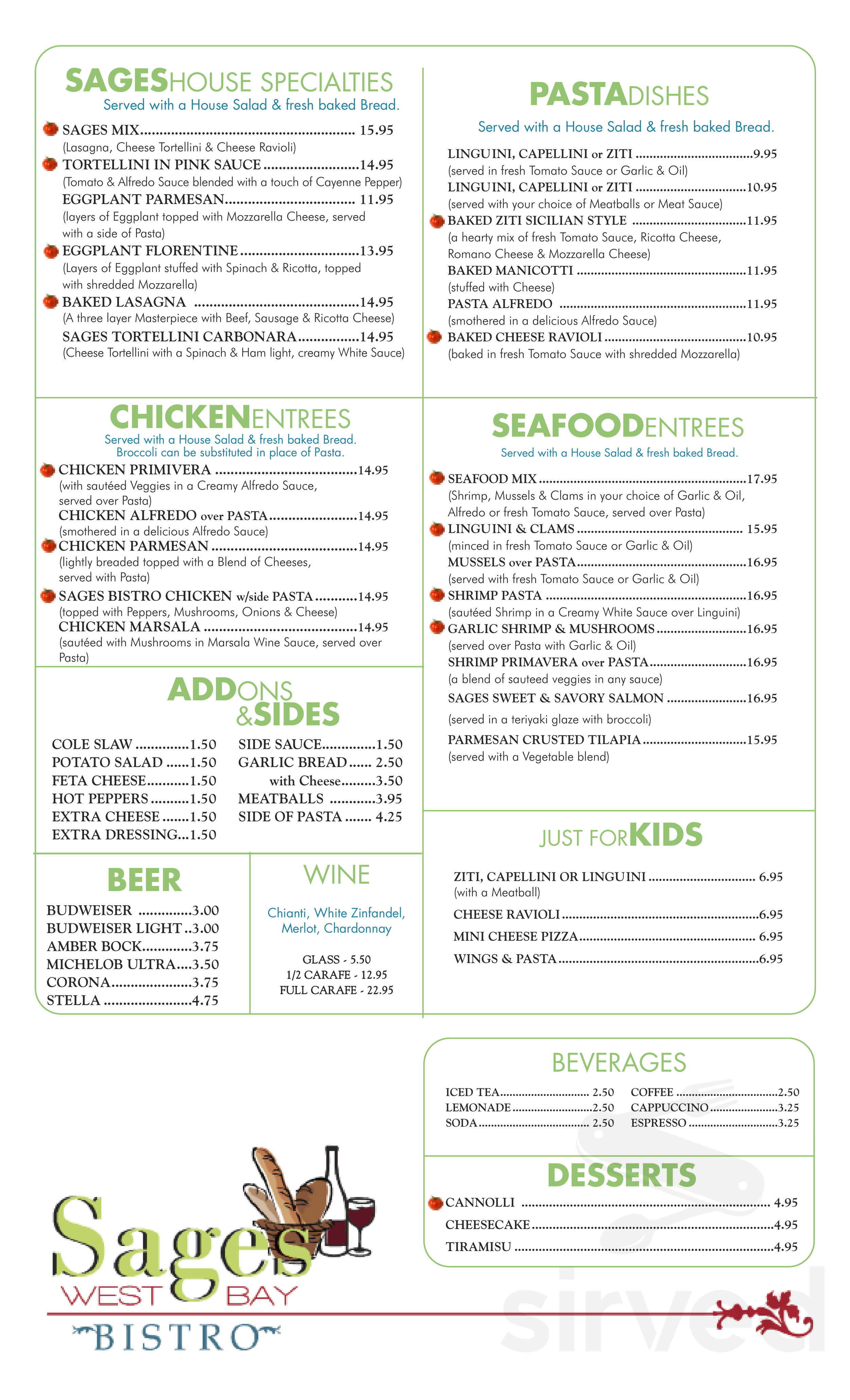 Sage's West Bay Bistro menu in Largo, Florida, USA