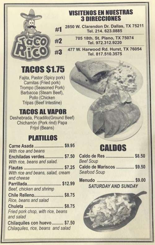 Taco Rico menu in Hurst, Texas, USA