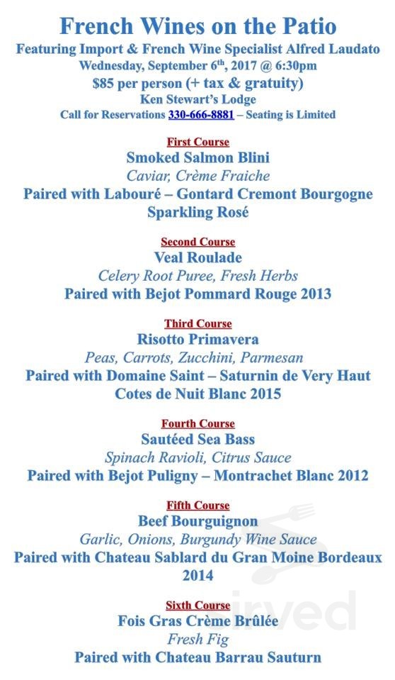 Ken Stewart's Lodge menu in Bath, Ohio, USA