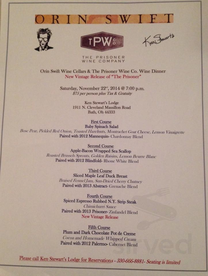 Ken Stewart's Lodge menu in Bath, Ohio, USA