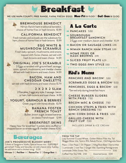 Downtown Joe's menu in Napa, California, USA