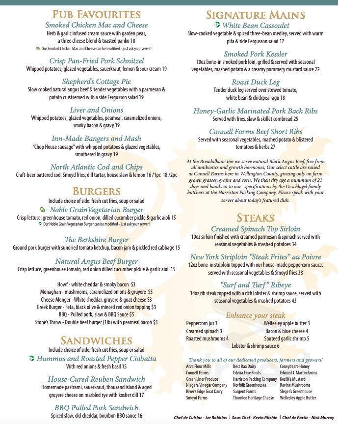 The Fergusson Room menus in Fergus, Ontario, Canada