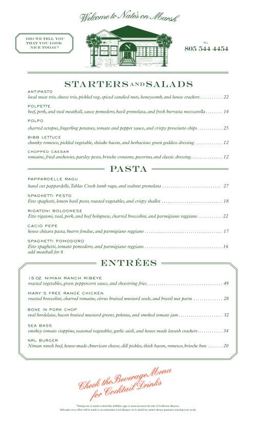 Nate's on Marsh menu in San Luis Obispo, California, USA