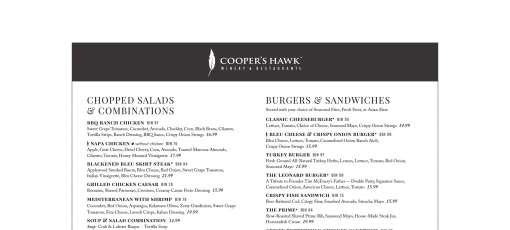 Menu for Cooper's Hawk Winery & Restaurant in Oak Park, IL | Sirved