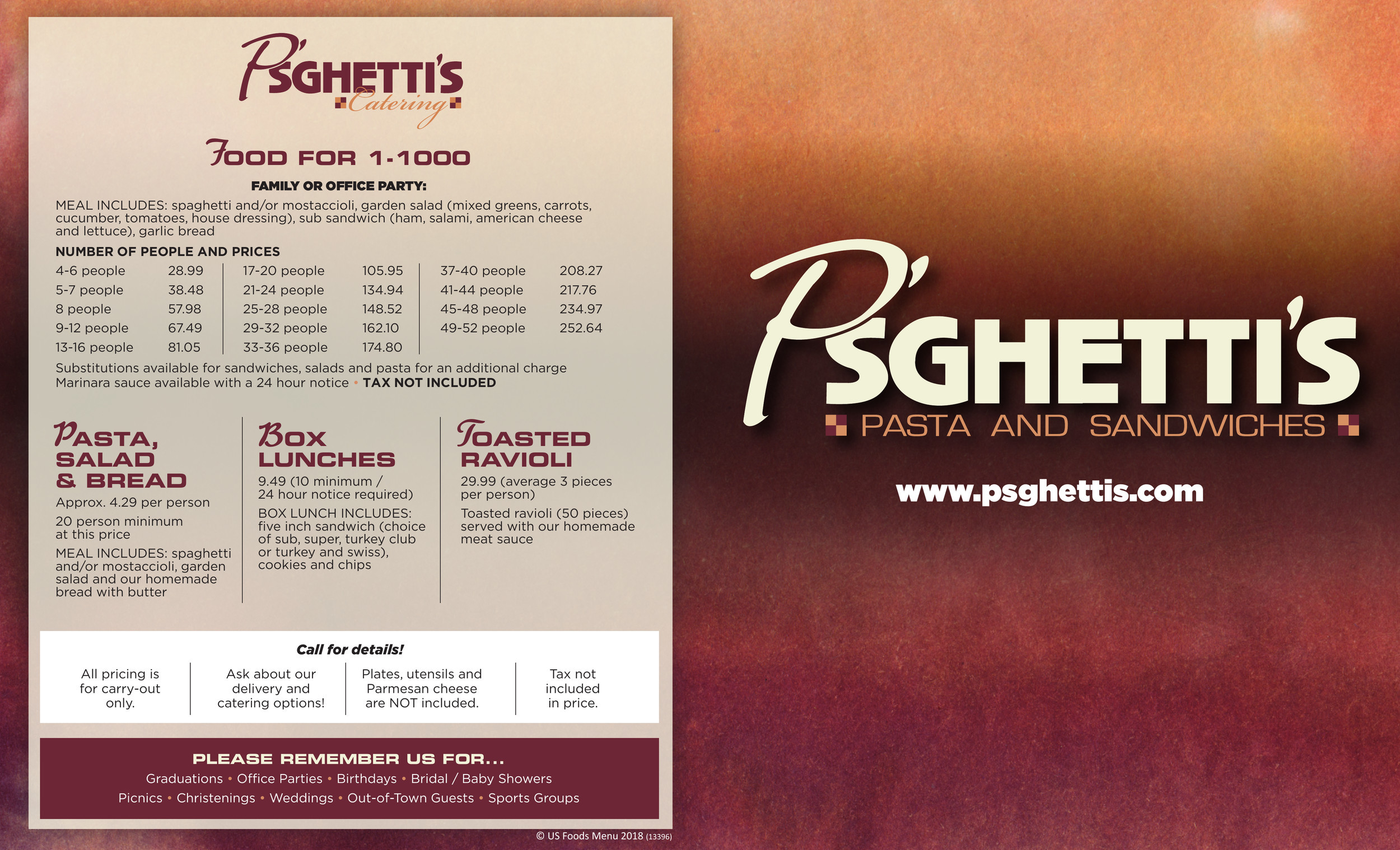 Menu for P'Sghetti's Pasta & Sandwiches in St. Louis, MO | Sirved