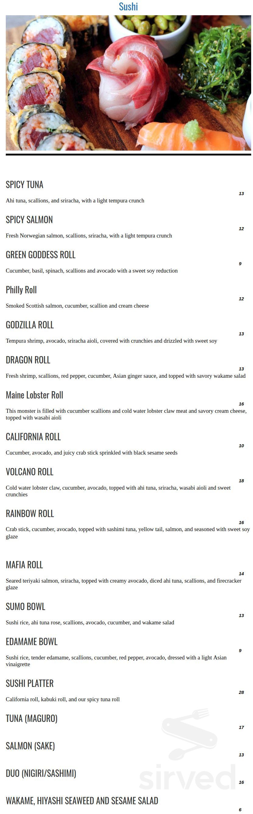 Blue Point Oysters and Sushi Bar menu in Valparaiso, Indiana, USA