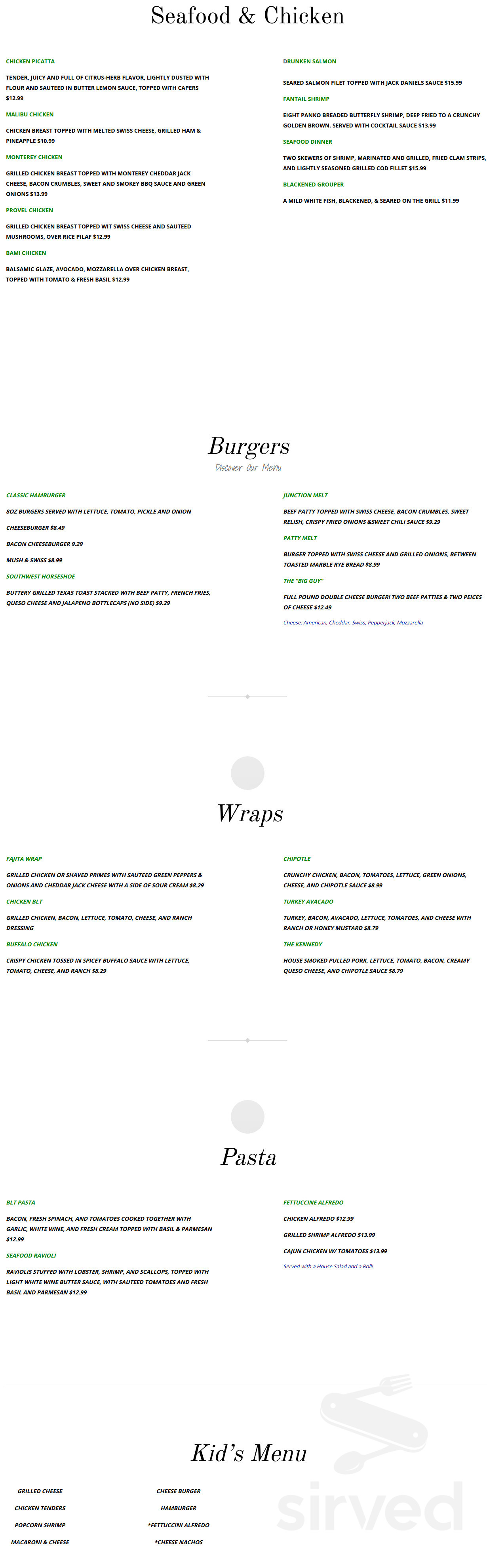 The Junction Restaurant and Lounge menu in Perry, Missouri, USA