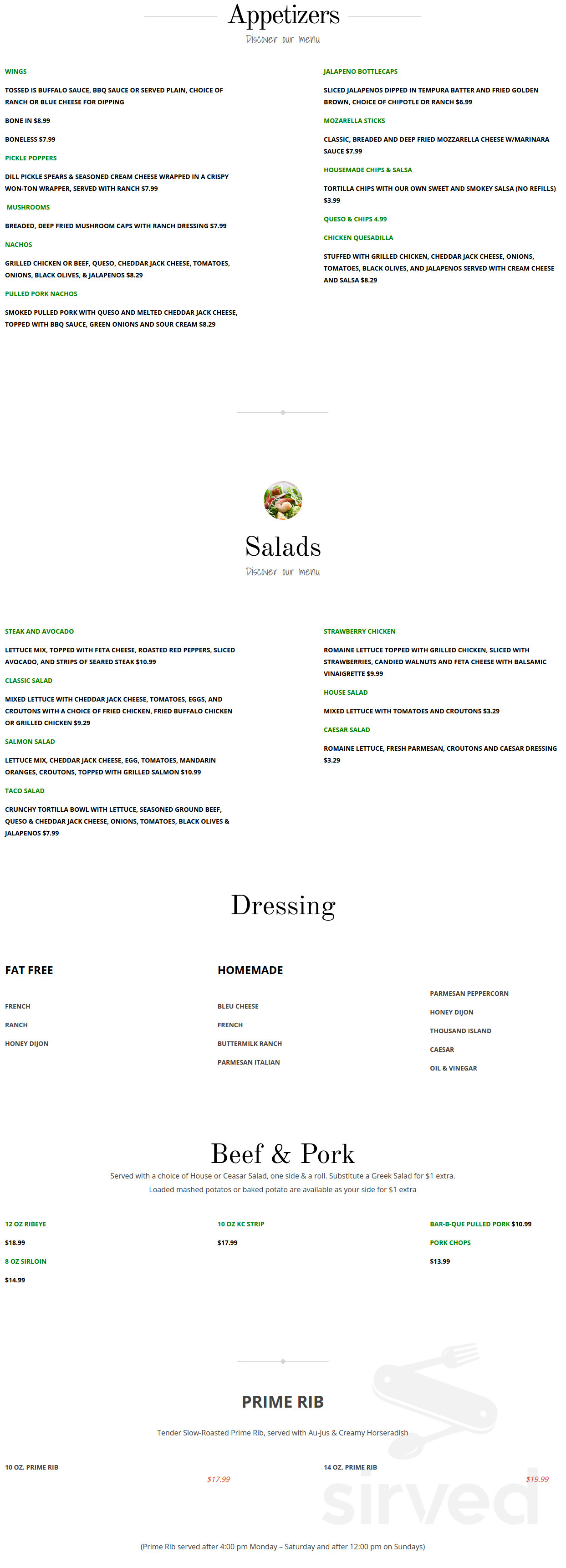 The Junction Restaurant and Lounge menu in Perry, Missouri, USA