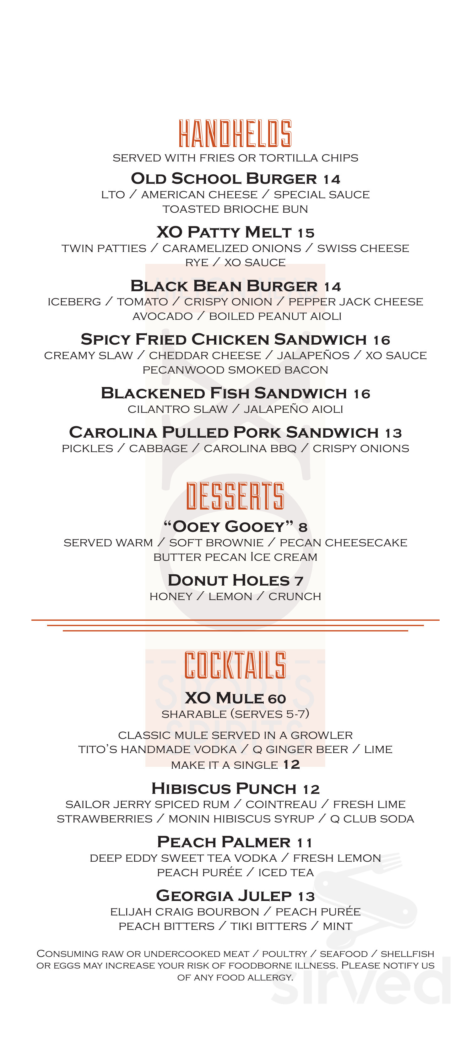 XO Sports & Spirits menu in Hilton Head Island, South Carolina, USA