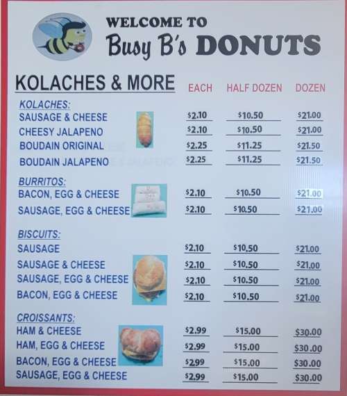 Busy B's Donuts menu in Shawnee, Oklahoma, USA