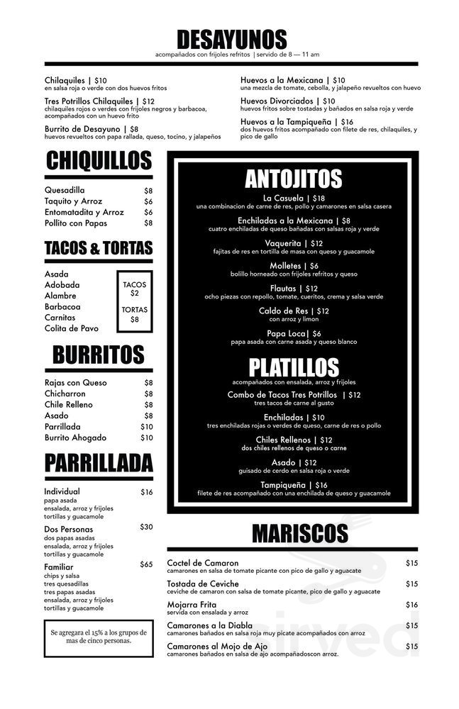 Menu for Los Tres Potrillos in Guymon, OK | Sirved