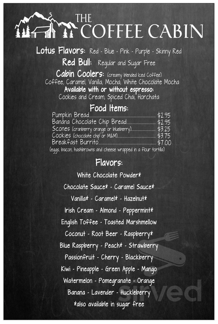 The Coffee Cabin menu in Manson, Washington, USA