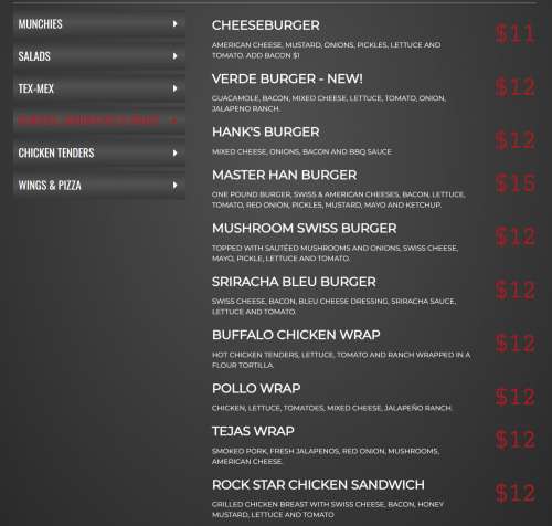 The End Zone Jones Valley menu in Huntsville, Alabama, USA