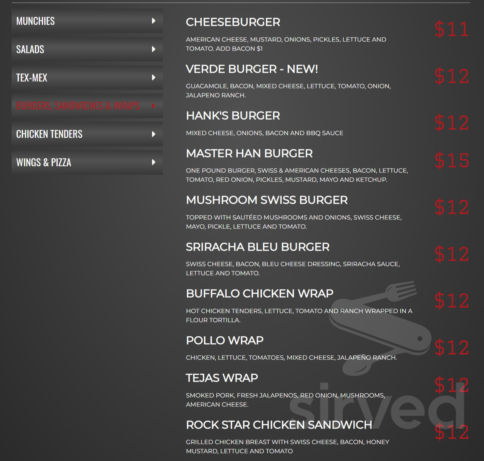 The End Zone Jones Valley menu in Huntsville, Alabama, USA