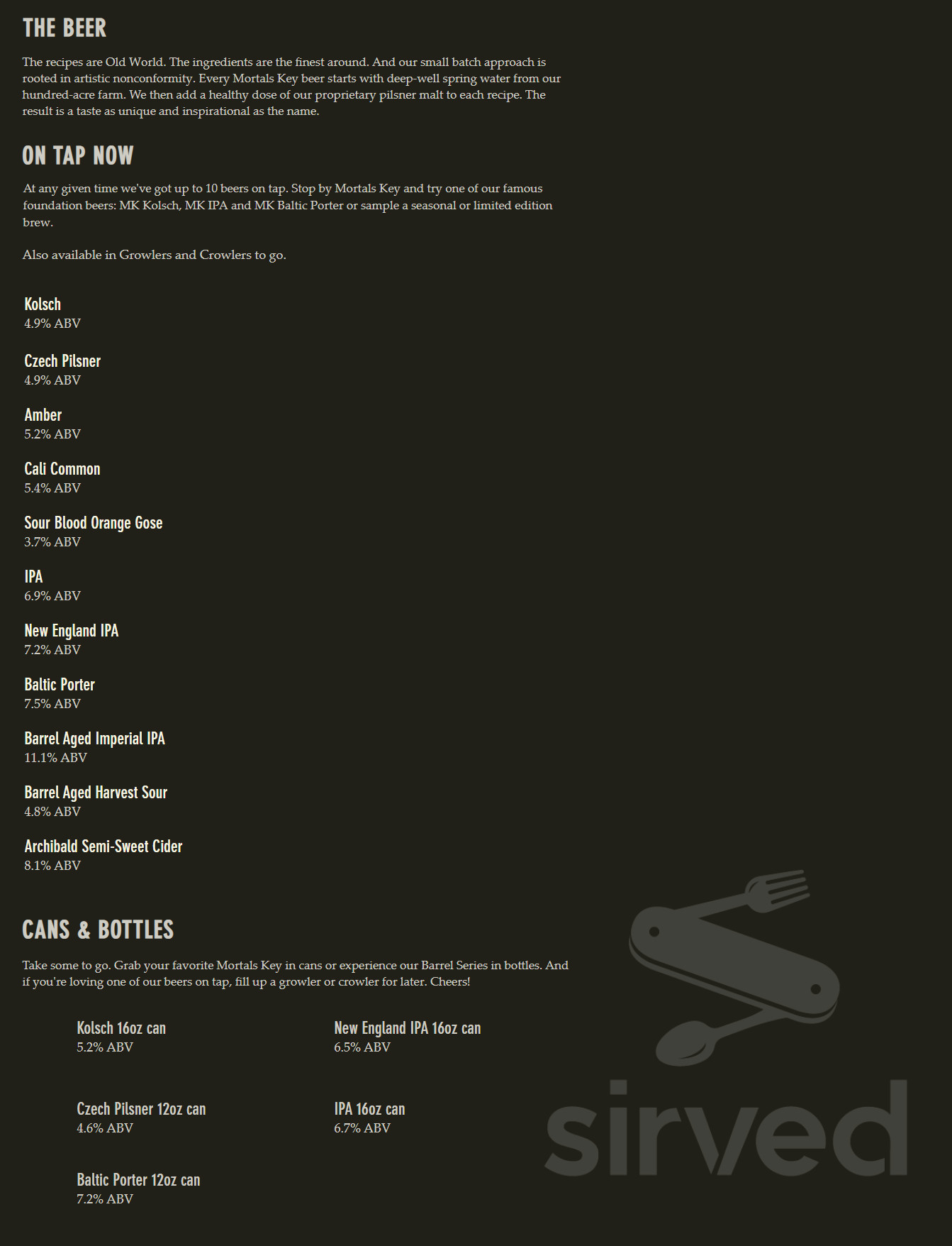 Menu for Mortals Key Brewing Company in Jamestown, PA | Sirved