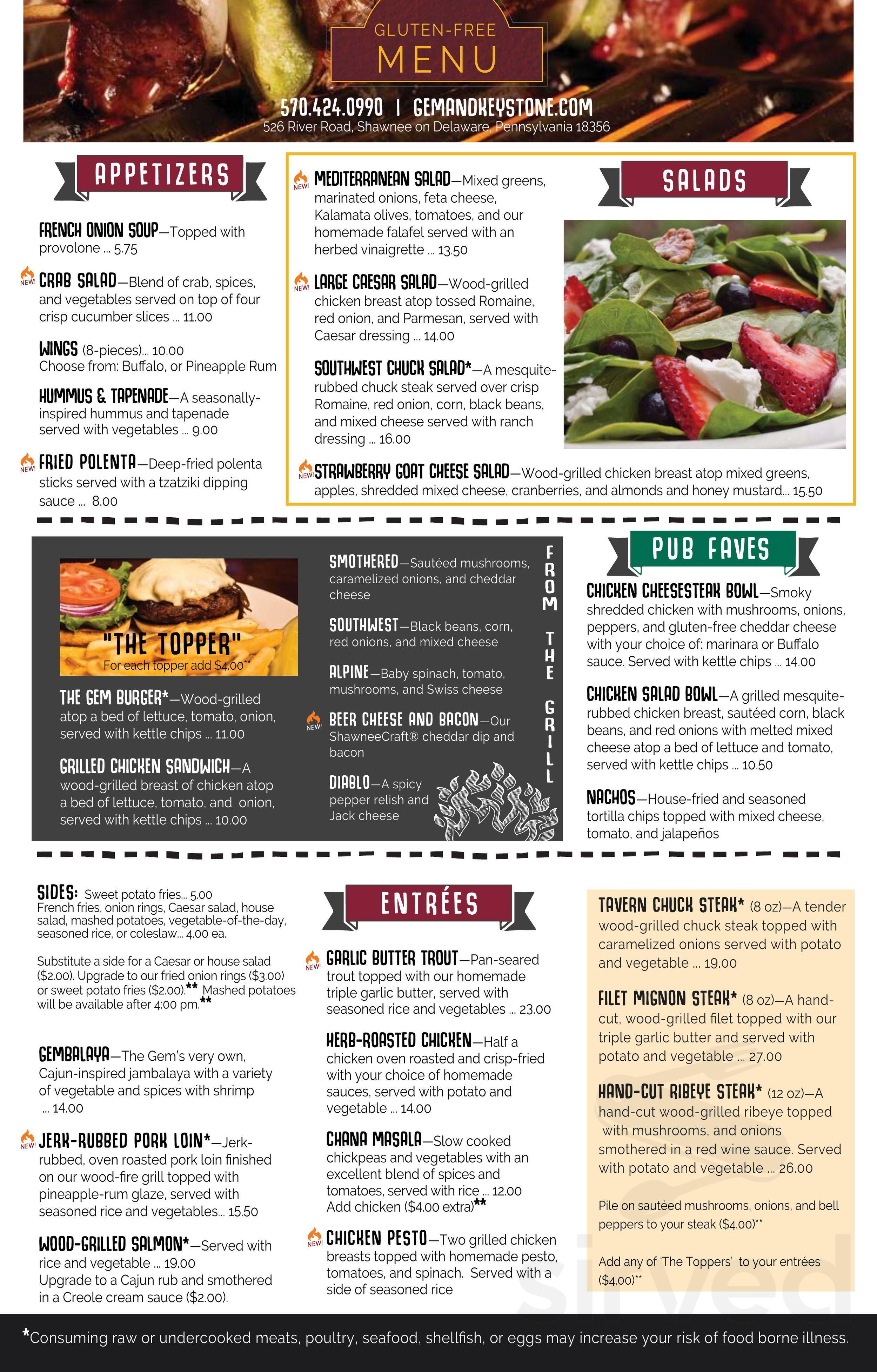 The Gem and Keystone Tavern menu in Shawnee on Delaware, Pennsylvania, USA