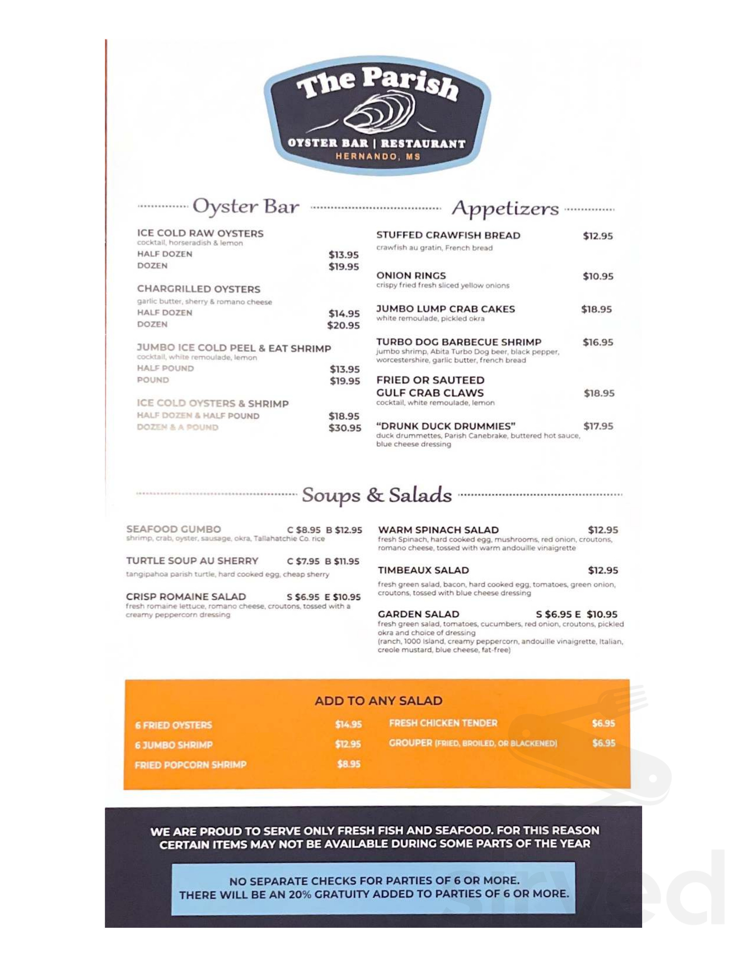 Menu for The Parish Oyster Bar & Restaurant in Hernando, MS | Sirved