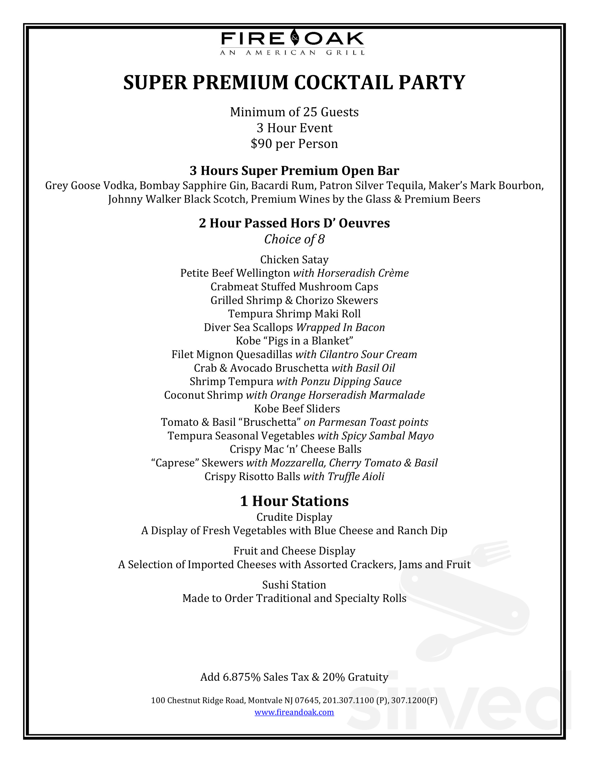 Fire & Oak - Montvale menu in Montvale, New Jersey, USA