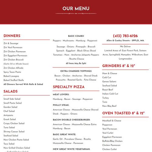 Pizza Makers menu in Springfield, Massachusetts, USA