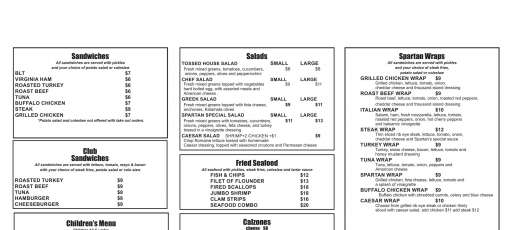 Menu for Spartan Restaurant and Bar in Waterbury, CT | Sirved