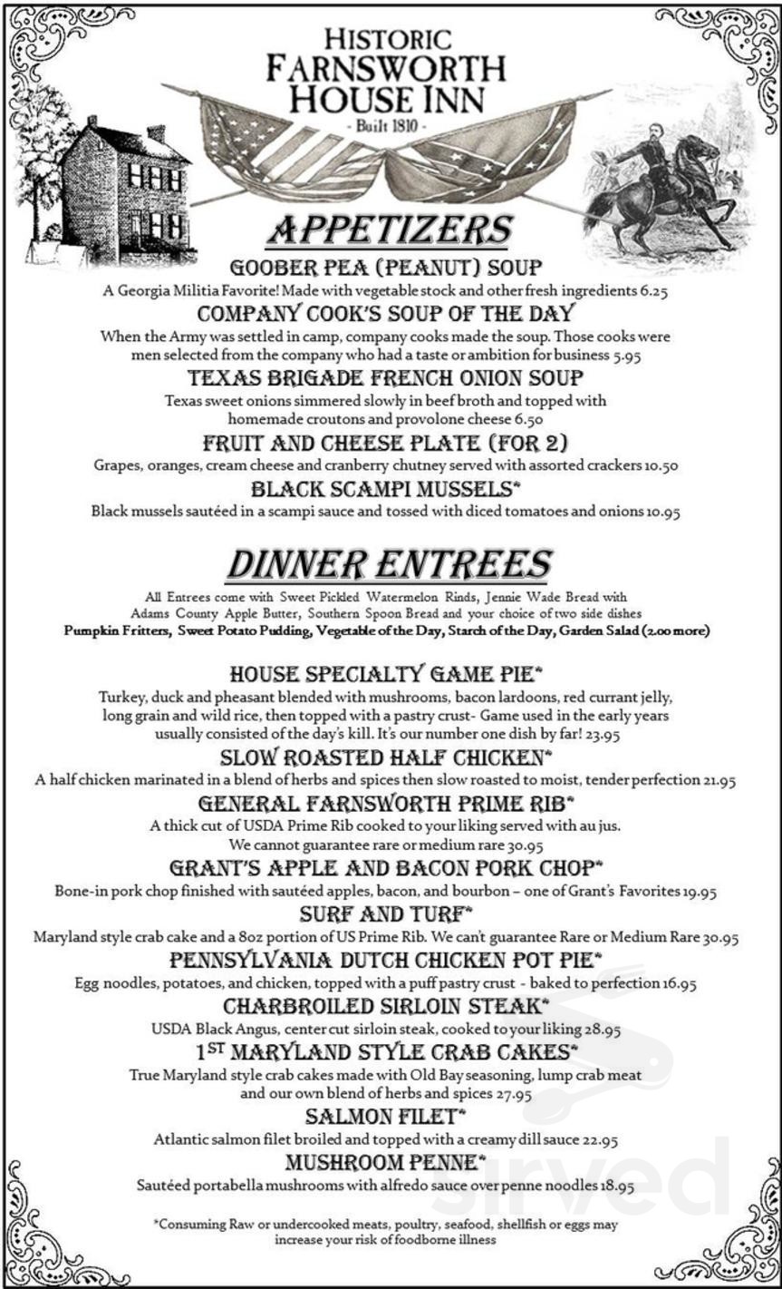 Menu for Farnsworth House Inn in Gettysburg, PA | Sirved
