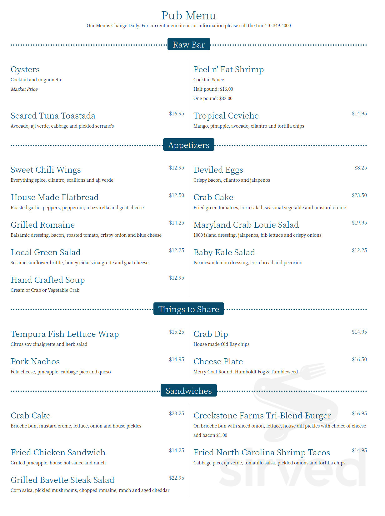 Severn Inn menu in Annapolis, Maryland, USA