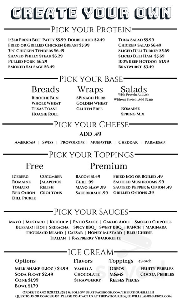 Menu - Newland NC's The Patio Grill at Linville Land Harbor | Sirved