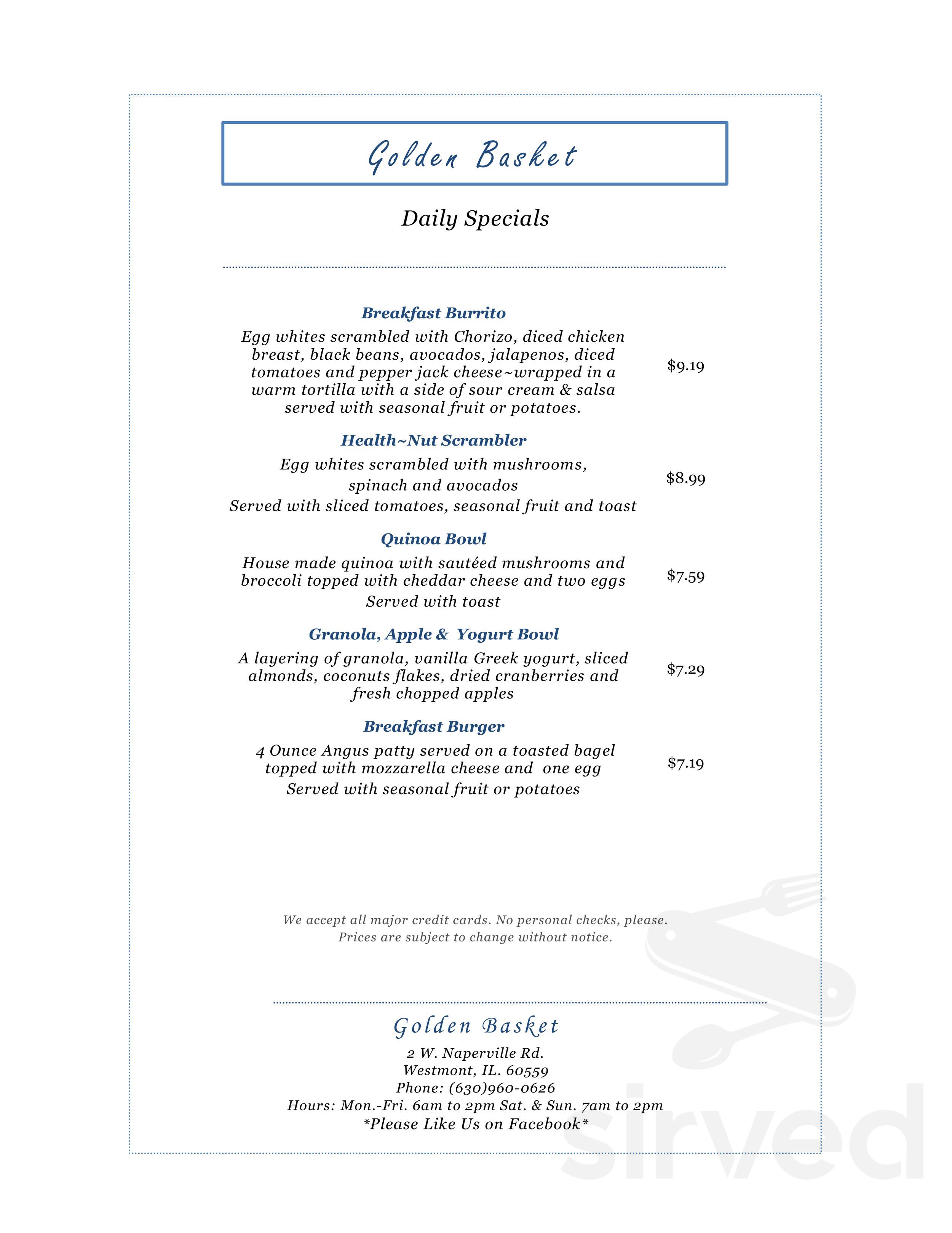 Golden Basket Breakfast Club menu in Westmont, Illinois, USA