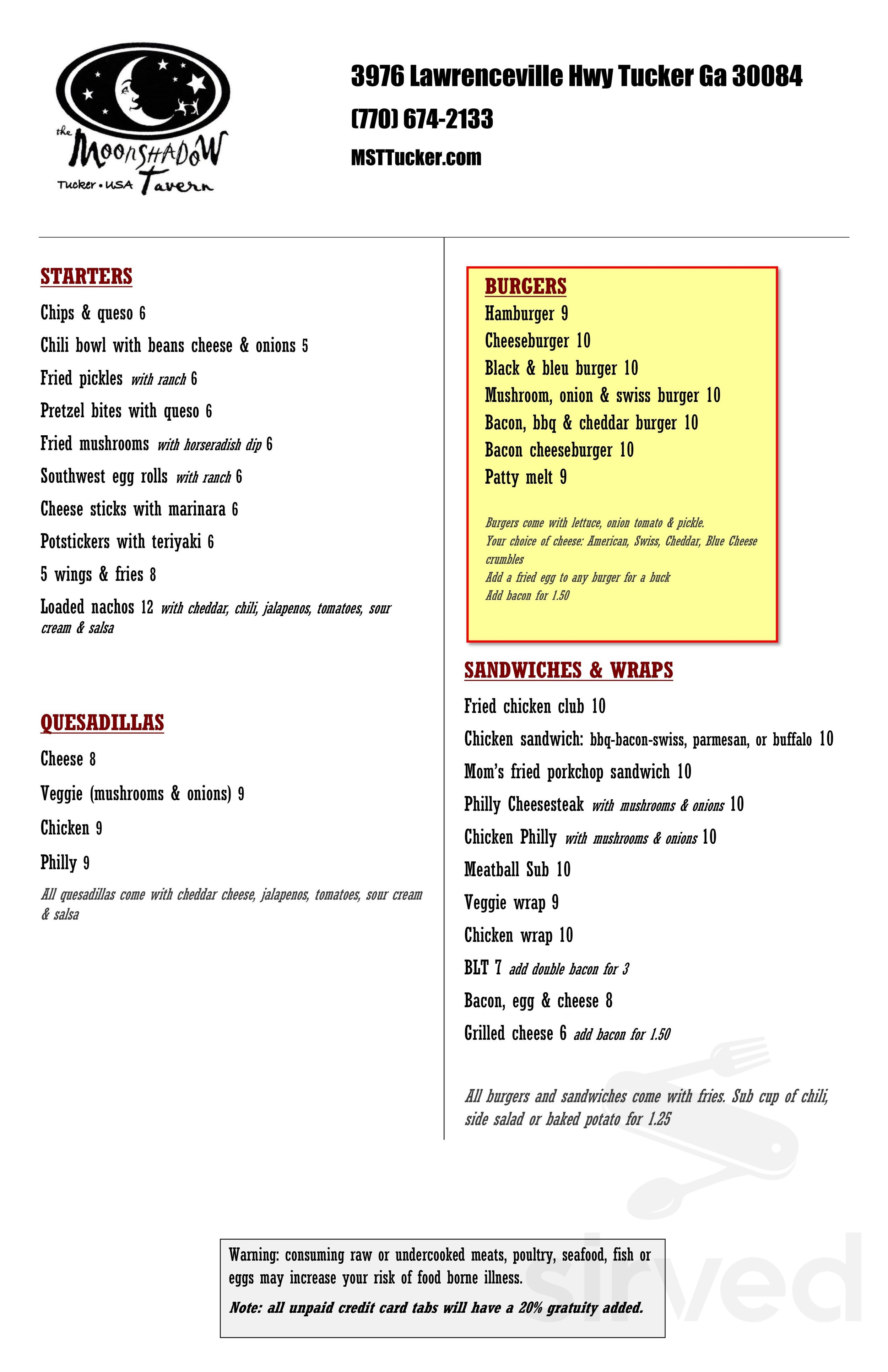 MoonShadow Tavern menu in Tucker, Georgia, USA