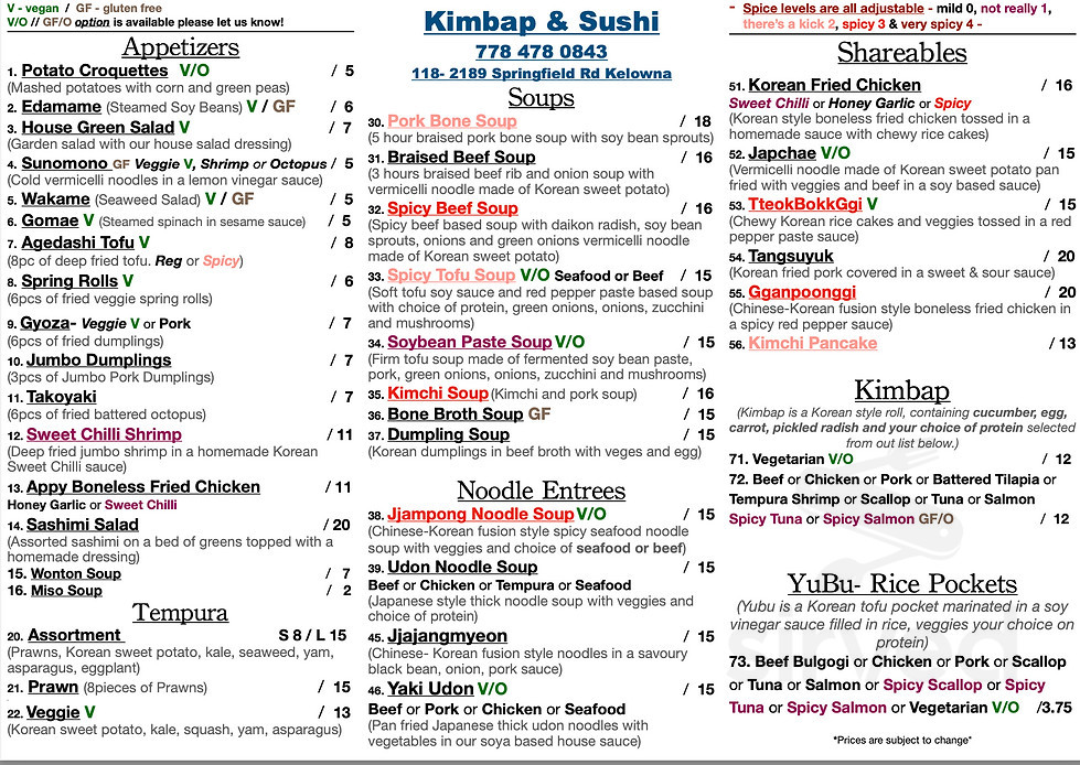 Kimbap & Sushi menu in Kelowna, British Columbia, Canada
